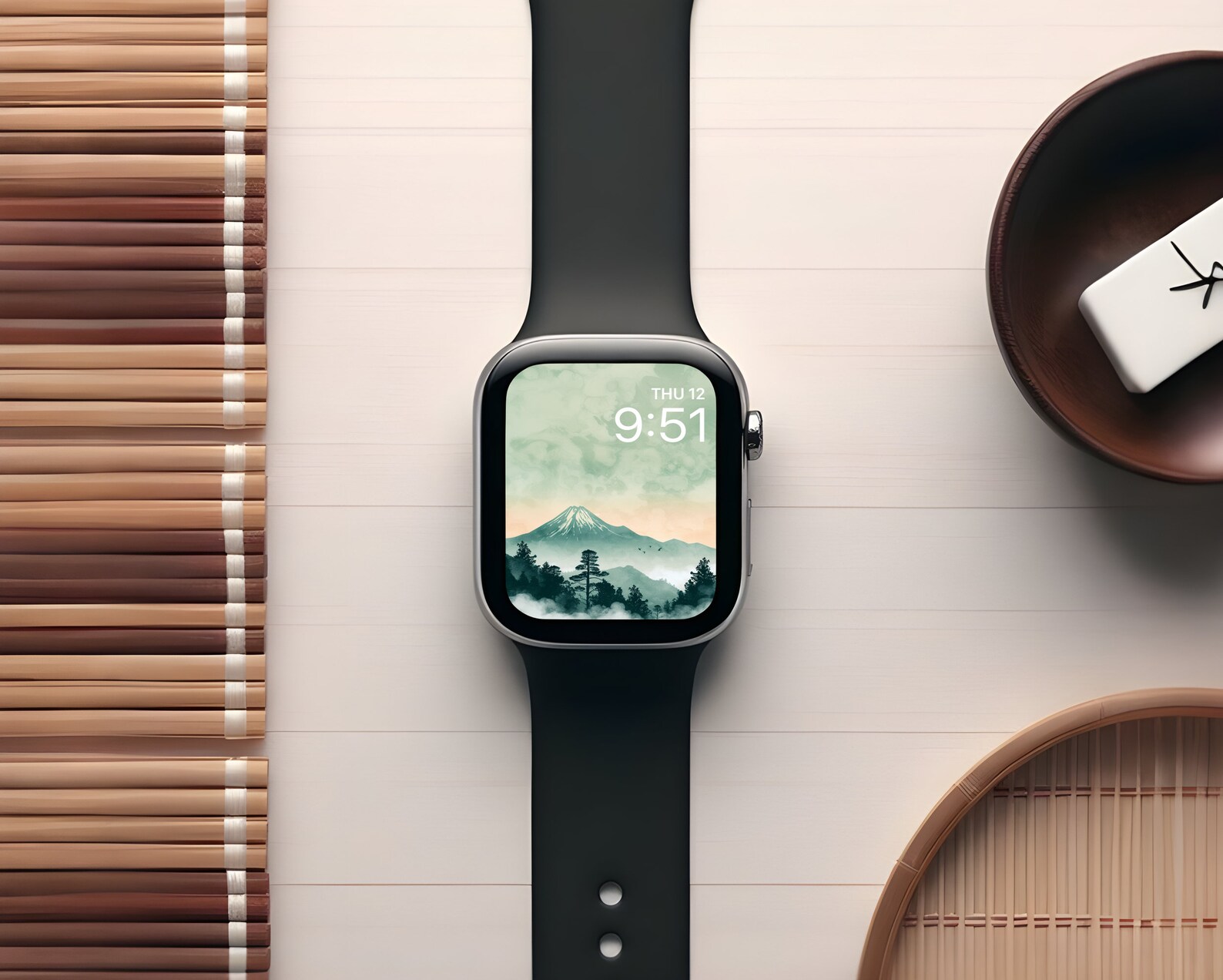 Mount Fuji Apple Watch Wallpaper, Japanese Art Smartwatch Face, Sage ...