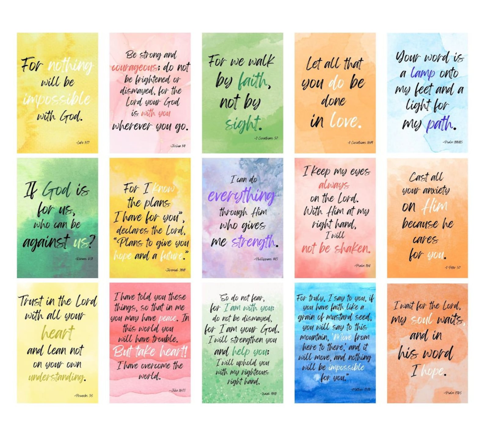 15 Watercolor Scripture Cards - Colorful, Bible Verses, Inspirational ...