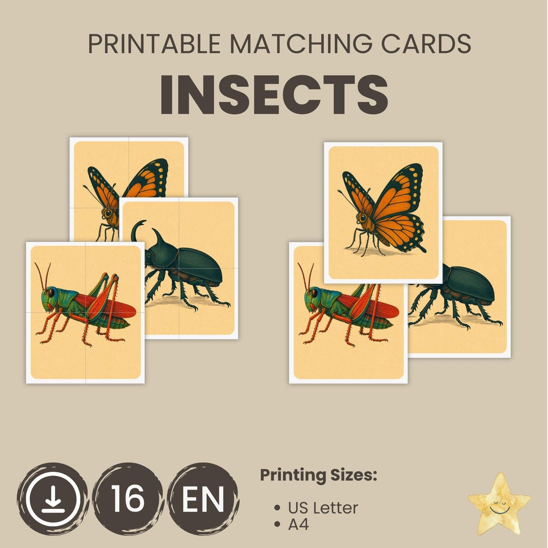 Insects Matching Game for Kids, Montessori Printable Puzzle, Insect ...