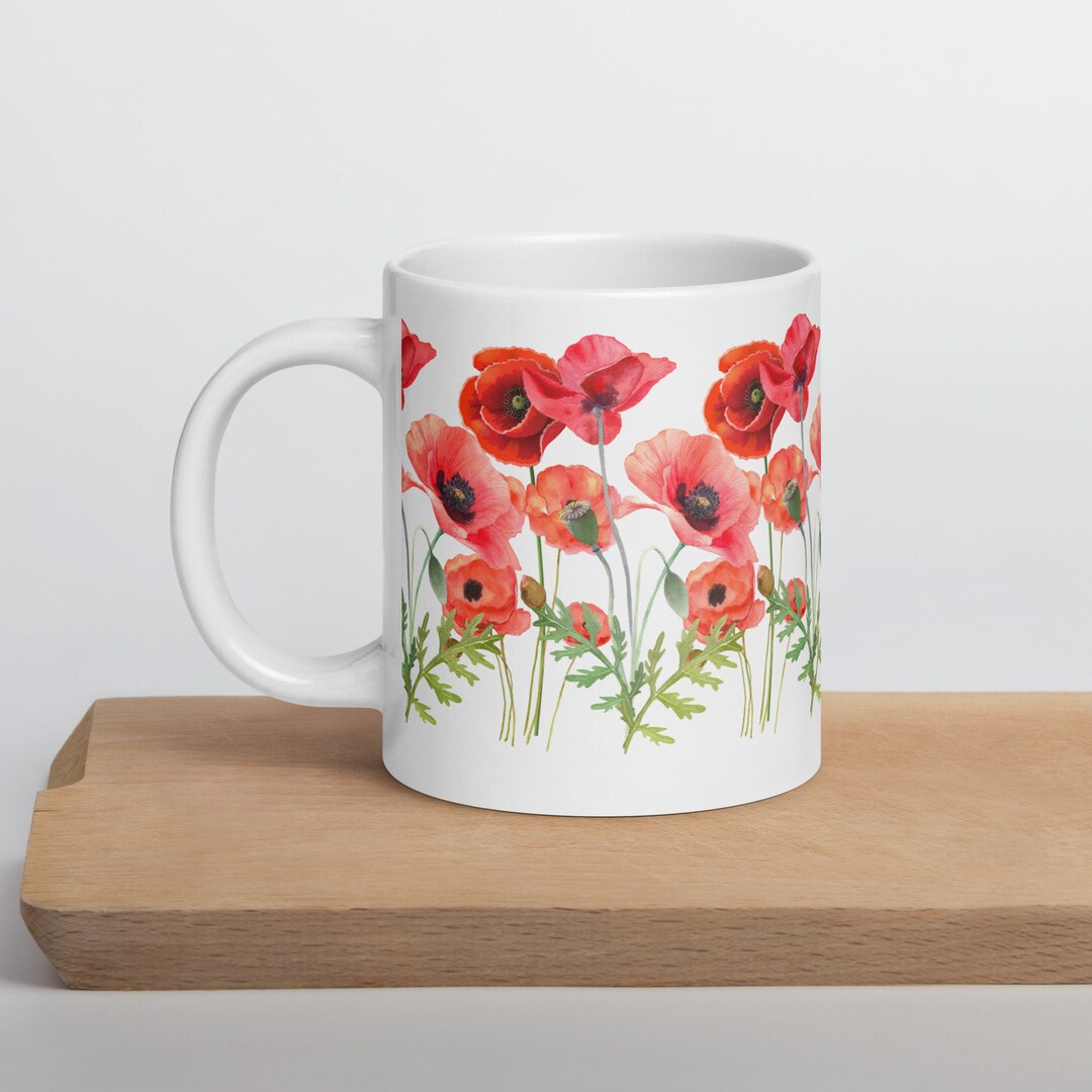 Pressed Red Poppies Flowers White Ceramic Glossy Mug Gift for ...