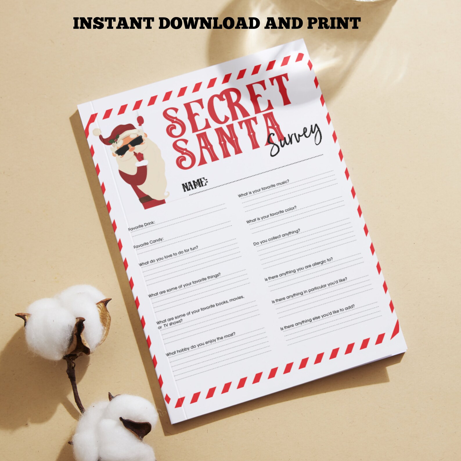 Printable Secret Santa Questionnaire Survey | Office Christmas Party ...
