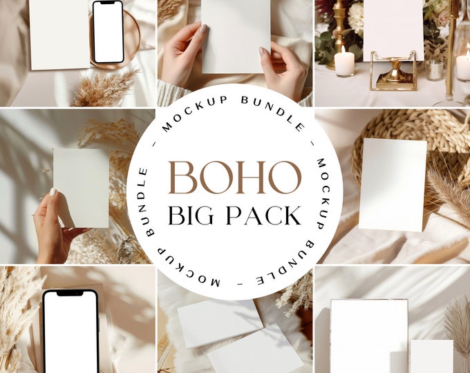 50 Boho Mockup Bundle Neutral Tones Invitation Mockup Bundle Easel Sign ...