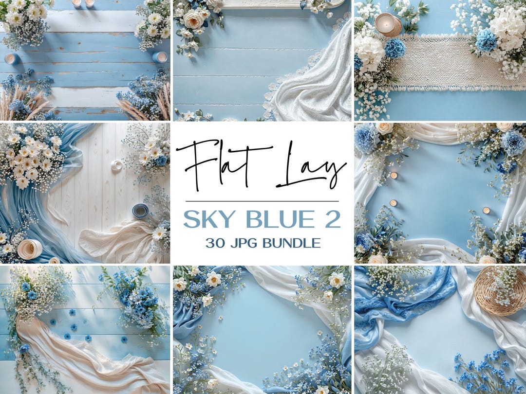Boho Flat Lay Mockup Bundle, Light Blue Table Flatlay Mockup, Floral ...