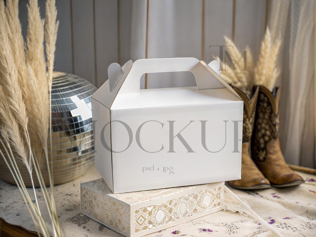 Gable Box Mockup, Boho Gift Box Mockup, Box 6.25x3.5" Label Mockup ...