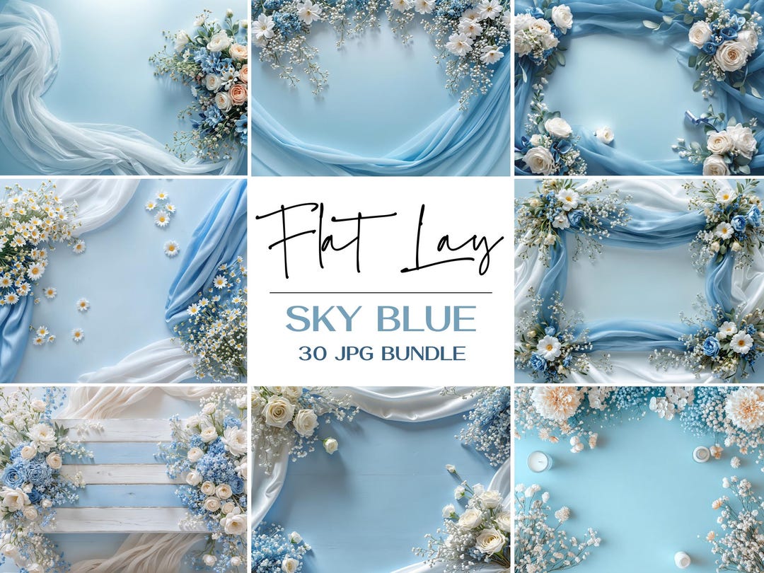 Sky Blue Table Flat Lay Mockup Bundle, Wedding Flat Lays Mockups ...
