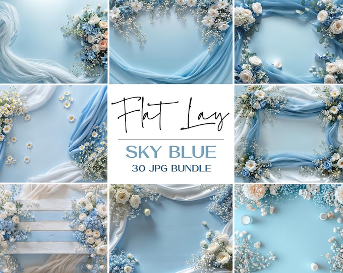 Sky Blue Table Flat Lay Mockup Bundle, Wedding Flat Lays Mockups ...