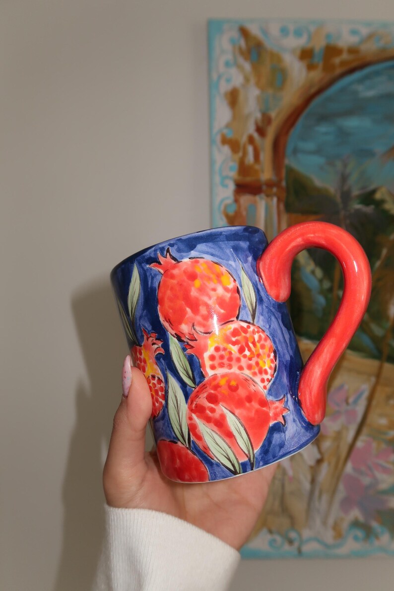 Hand Painted Pomegranate Ceramic Mug Fruit Coffee Cup Colorful Pottery ...