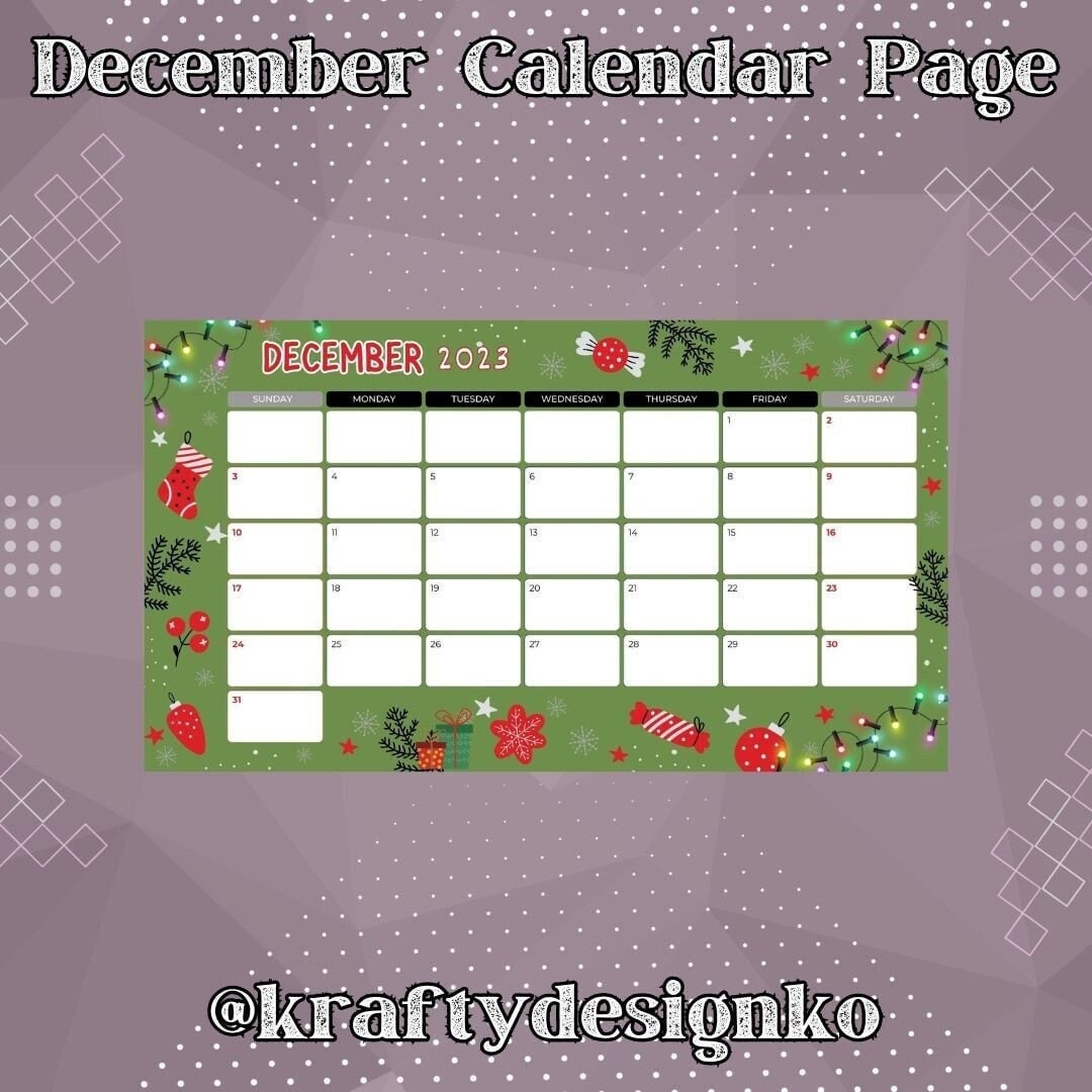 December Calendar Page, Festive Monthly Planner, Decorative Christmas ...