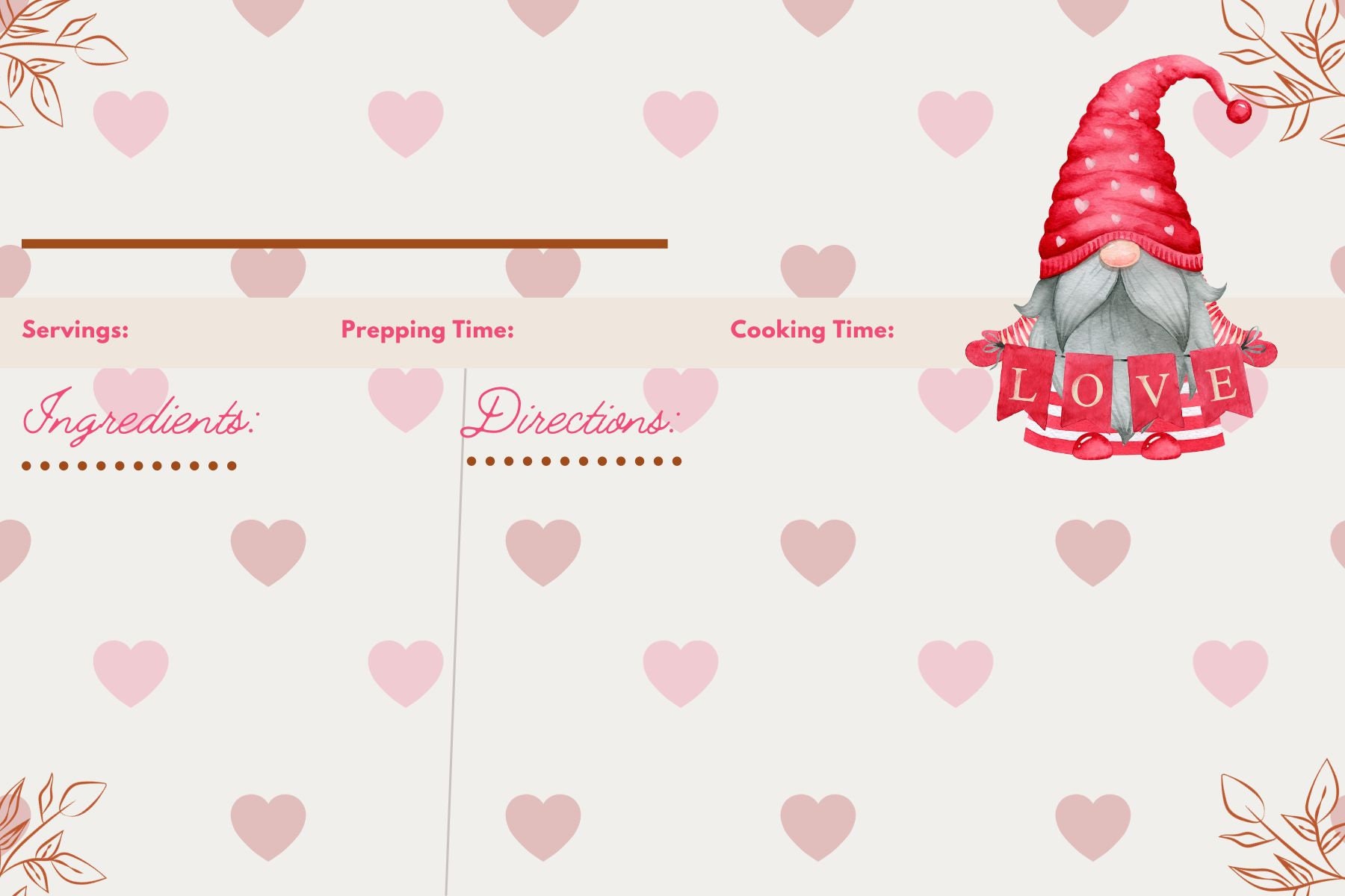 Valentine Recipe Cards, Printable Gnome Recipe Instructions, Valentine ...