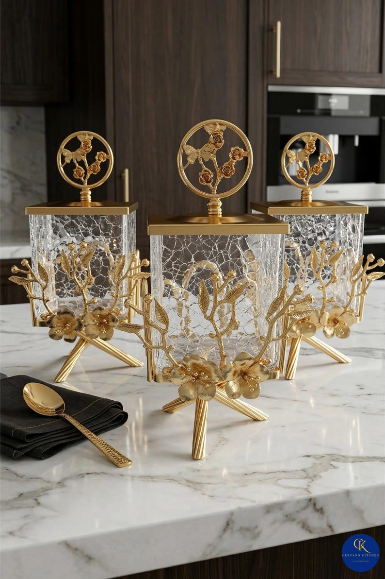 Set of 3 Square Crackle Glass Canisters – Ornate Floral Brass Kitchen ...