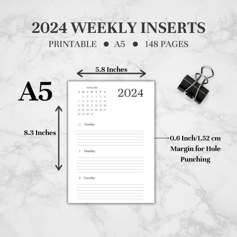 Printable Planner Inserts, 2024 Full Year, Week on Two Pages - Etsy