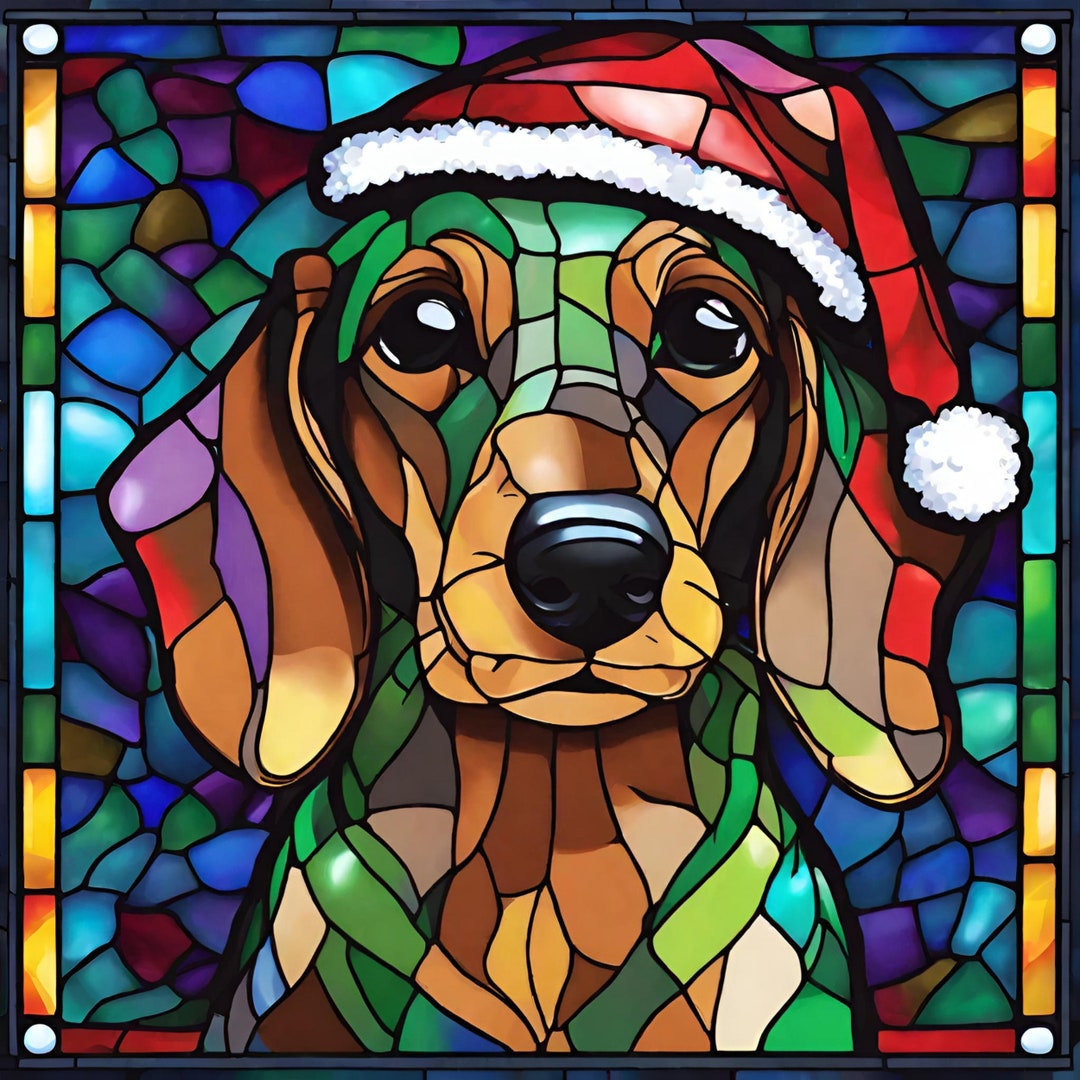 8 Dachshund Santa Hat Round Circle Stained Glass Christmas Clipart ...