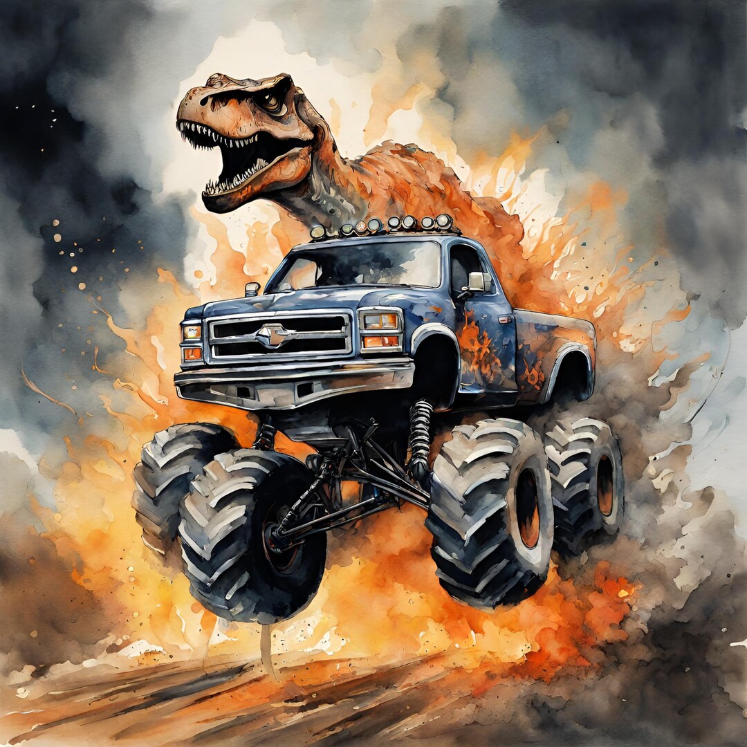 Watercolor T-rex Monster Truck PNG | Flaming Camo Design (digital ...