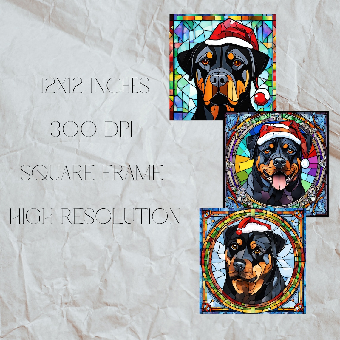 8 Rottweiler Dog Santa Hat Stained Glass Clipart Sublimation Design ...
