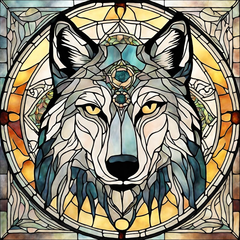 Stained Glass Mandala Wolf Digital Clipart, Stained Glass Wolf ...