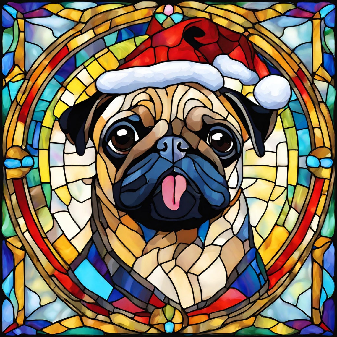 8 Pug Mops Santa Hat Dogs Round Stained Glass Clipart Sublimation Pug ...