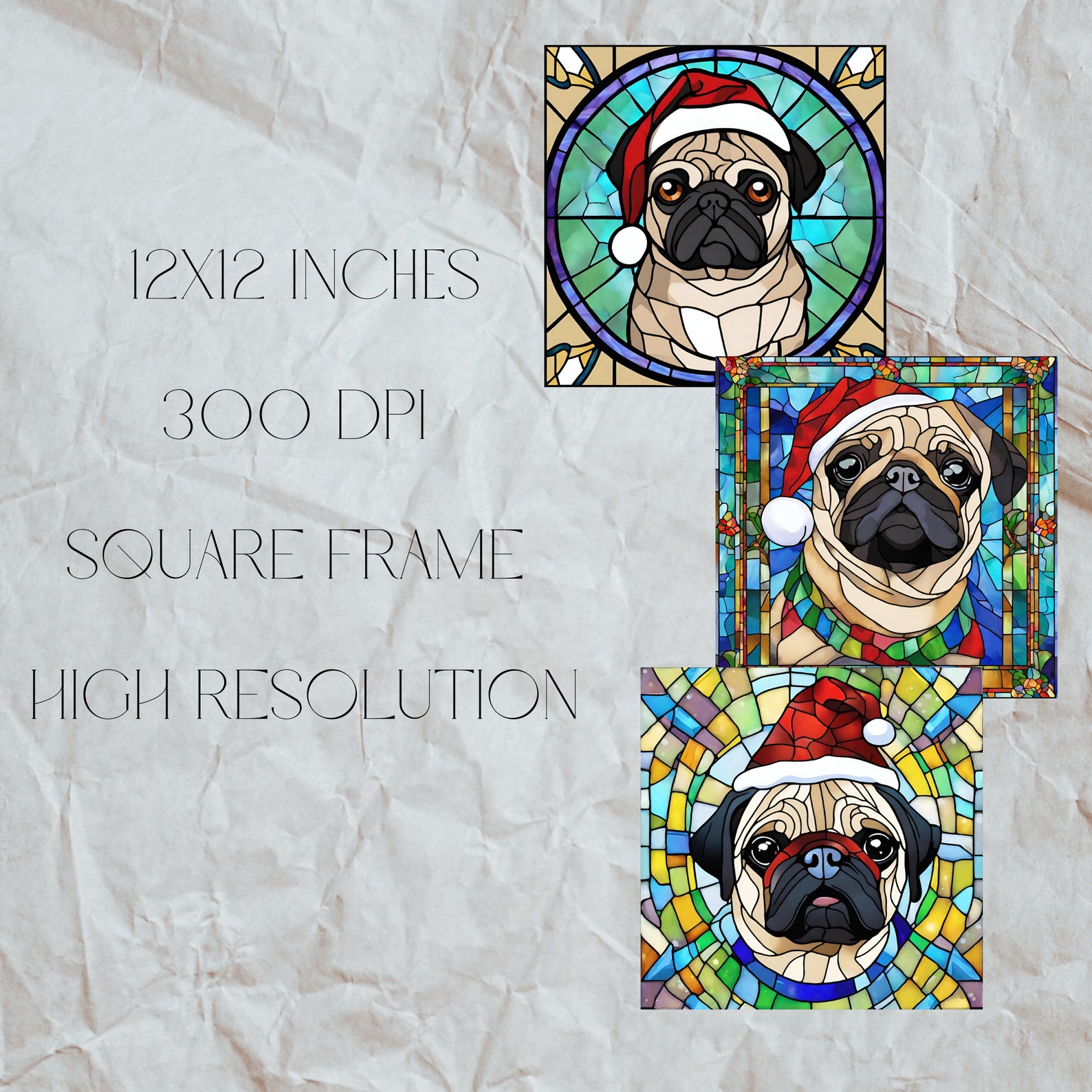 8 Pug Mops Santa Hat Dogs Round Stained Glass Clipart Sublimation Pug ...