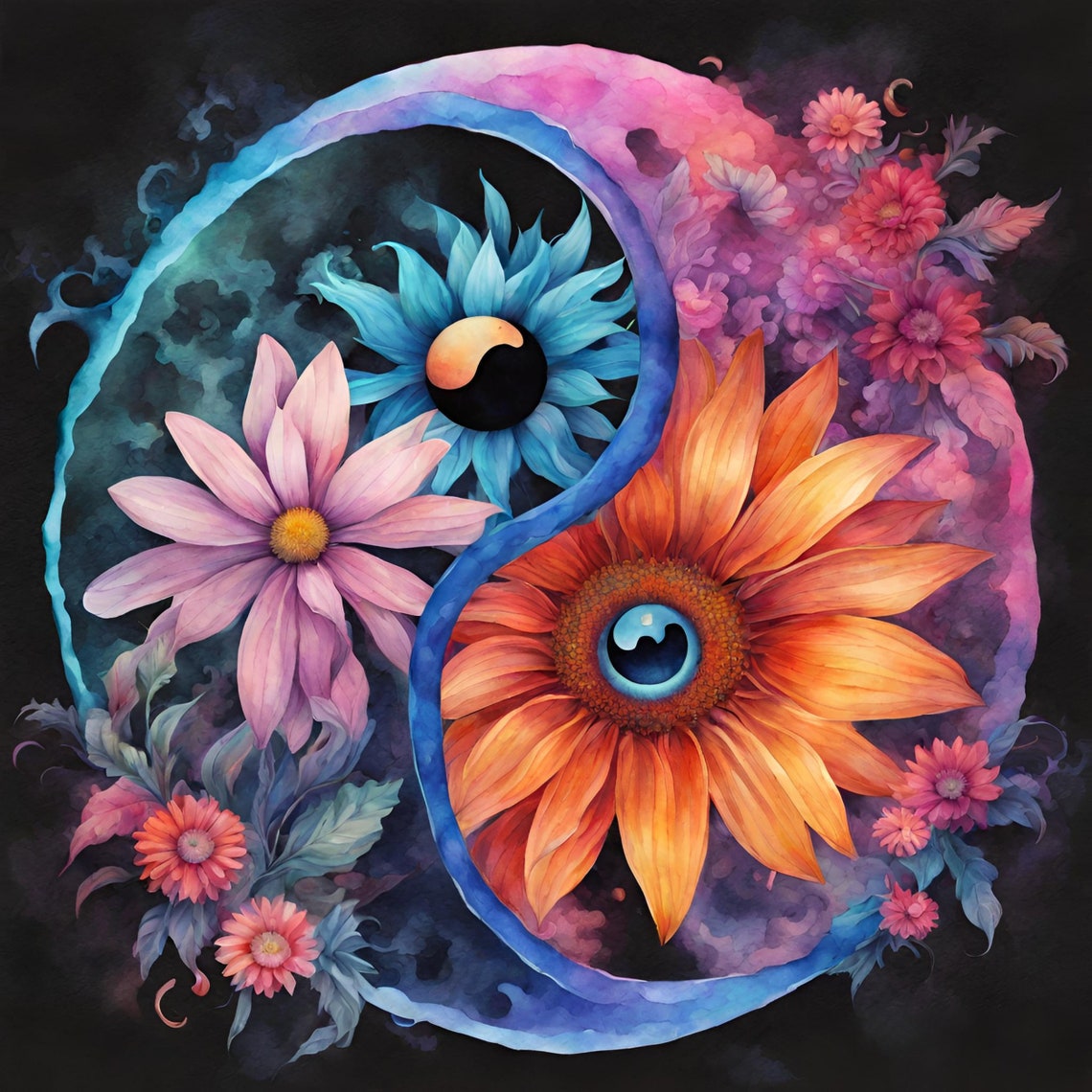 Watercolor Psychedelic Yin Yang Sign Digital Clipart, Yin Yang Sign ...