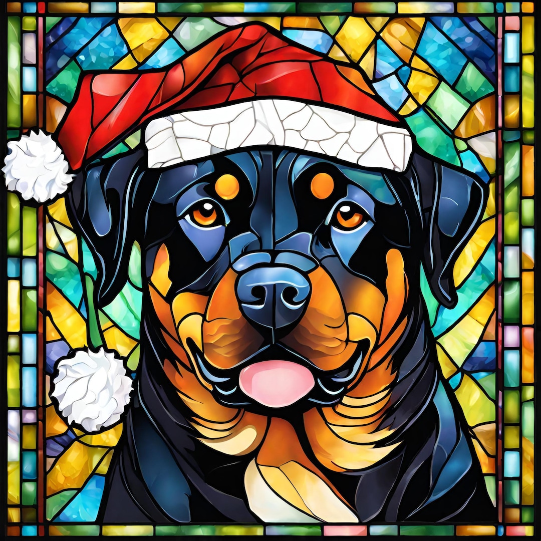 8 Rottweiler Dog Santa Hat Stained Glass Clipart Sublimation Design ...