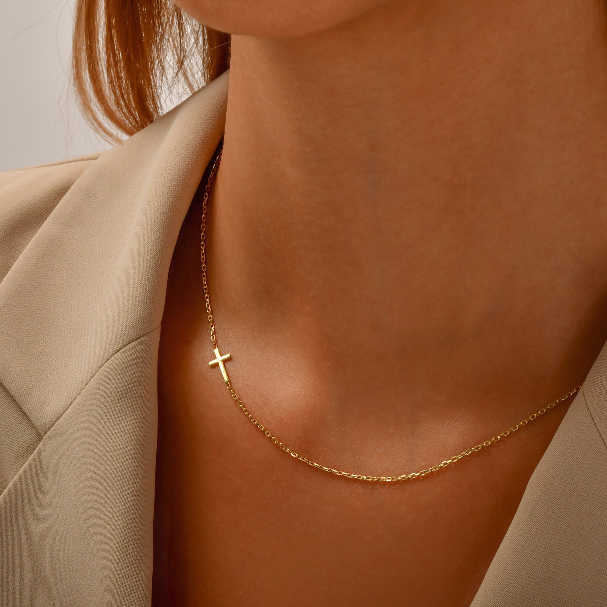 Solid Gold Cross Necklace , 14K Gold Sideways Cross Necklace , Small ...