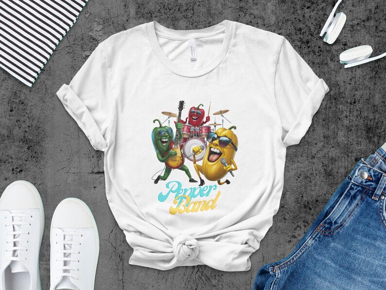 Pepper Music Band T-shirt, Drums, Guitar, Playful Design, Colorful ...