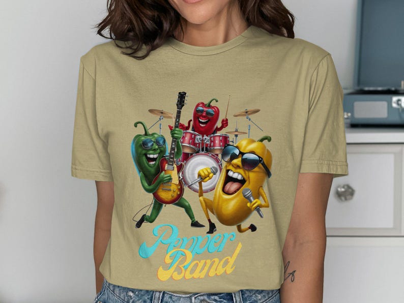 Pepper Music Band T-shirt, Drums, Guitar, Playful Design, Colorful ...