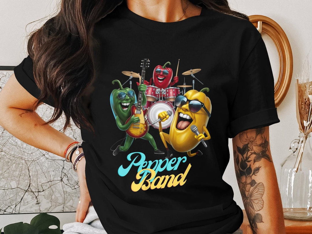 Pepper Music Band T-shirt, Drums, Guitar, Playful Design, Colorful ...