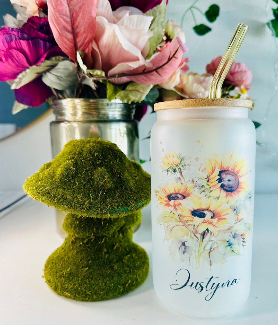 Sunflowers Iced Coffee Cup With Name and Straw and Coaster, 16oz Glass ...