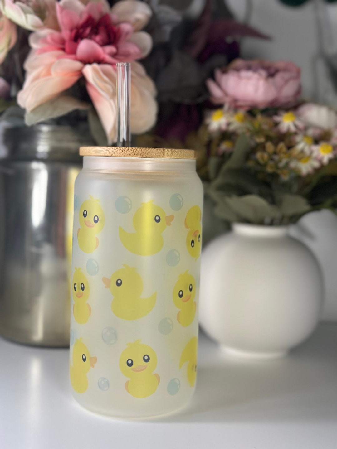 Cute Ducky Iced Coffee Cup, 16oz Glass Cup, Custom Beer Can Glass With ...