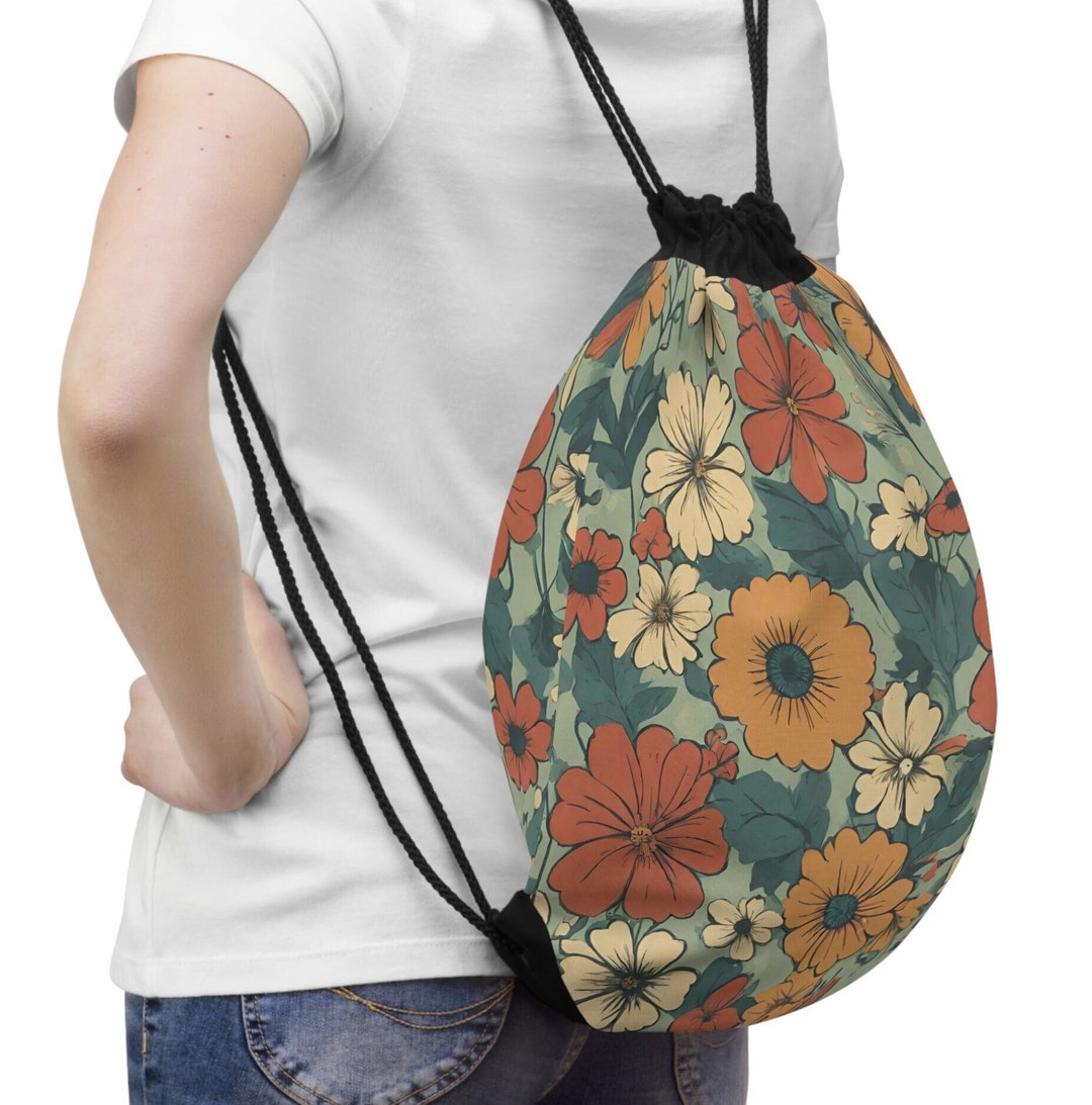 Retro Floral Drawstring Bag, Yoga Bag, Back to School, Drawstring Bag ...