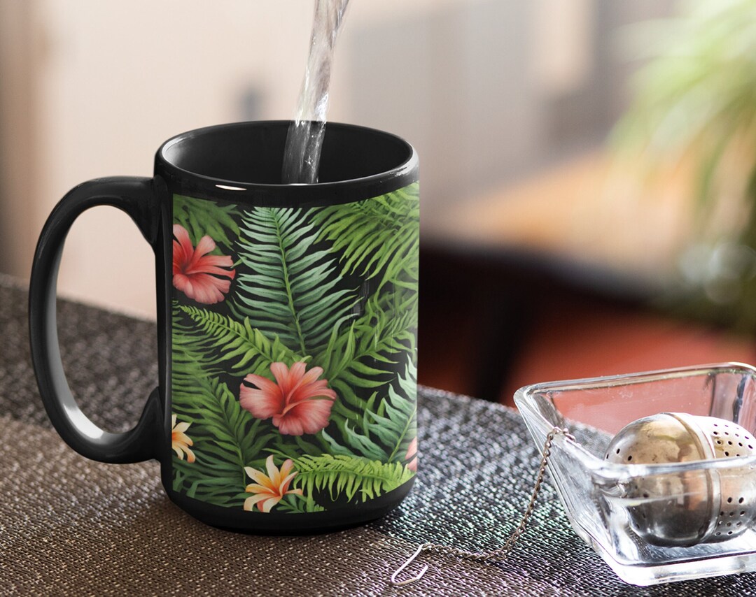 Blooming Fern Black Mug, 15oz |nature Mug | Botanical Tea Cup | Flower ...