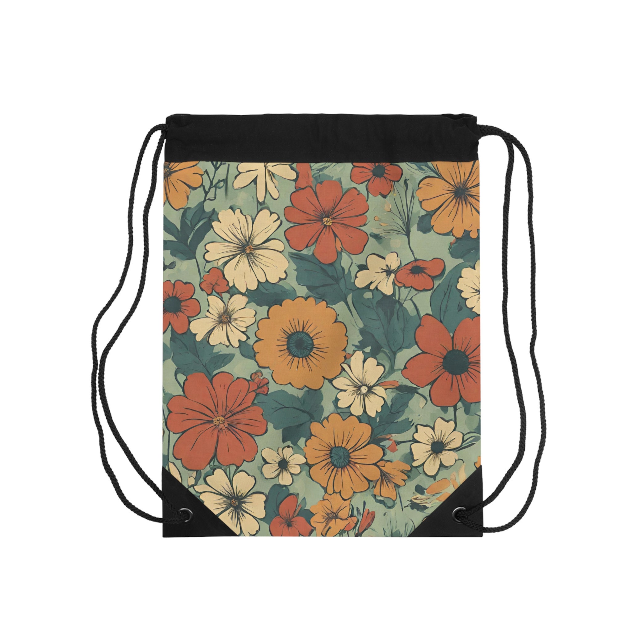 Retro Floral Drawstring Bag, Yoga Bag, Back to School, Drawstring Bag ...
