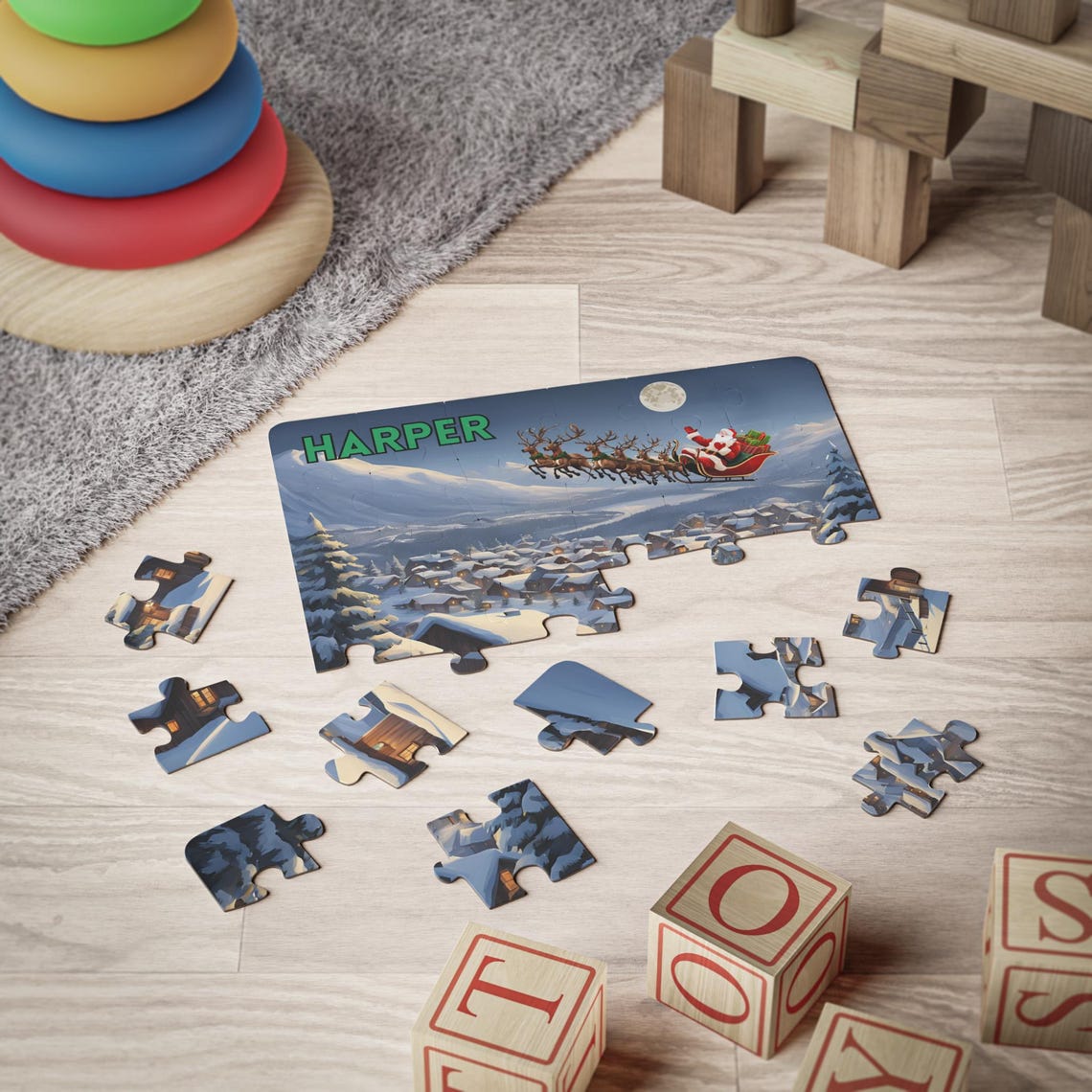 Personalized Kids' Puzzle, 30-piece, Santa in Sleigh With Reindeer ...