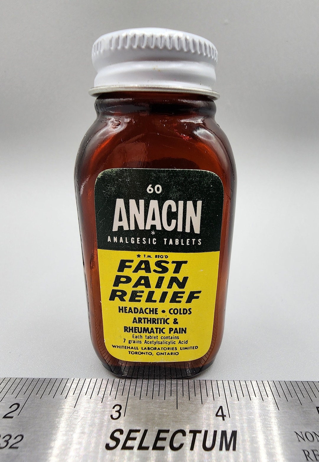 RARE Vintage 1950s 1960s ANACIN Whitehall Pharmaceutical Glass Bottle ...