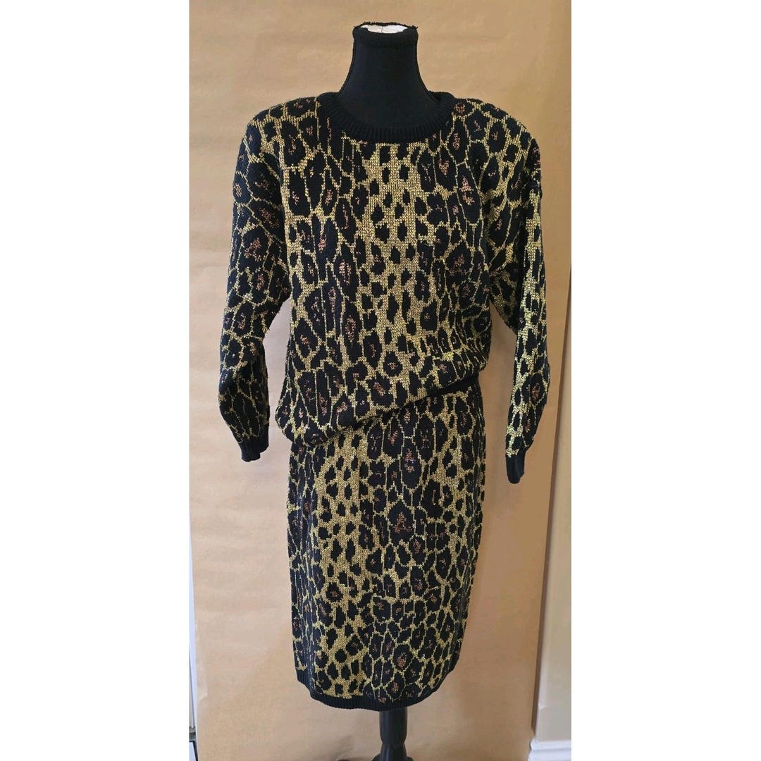 1980's Metallic Leopard Print 2pc Knit Skirt Suit Set M/L - Etsy