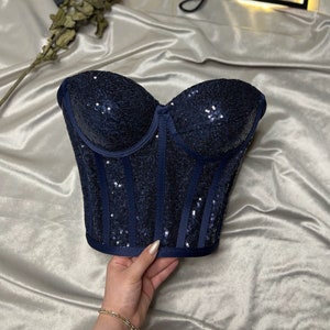 Corset Navy Blue Sequin Corset Sequined Corset Sequined Bustier Black ...