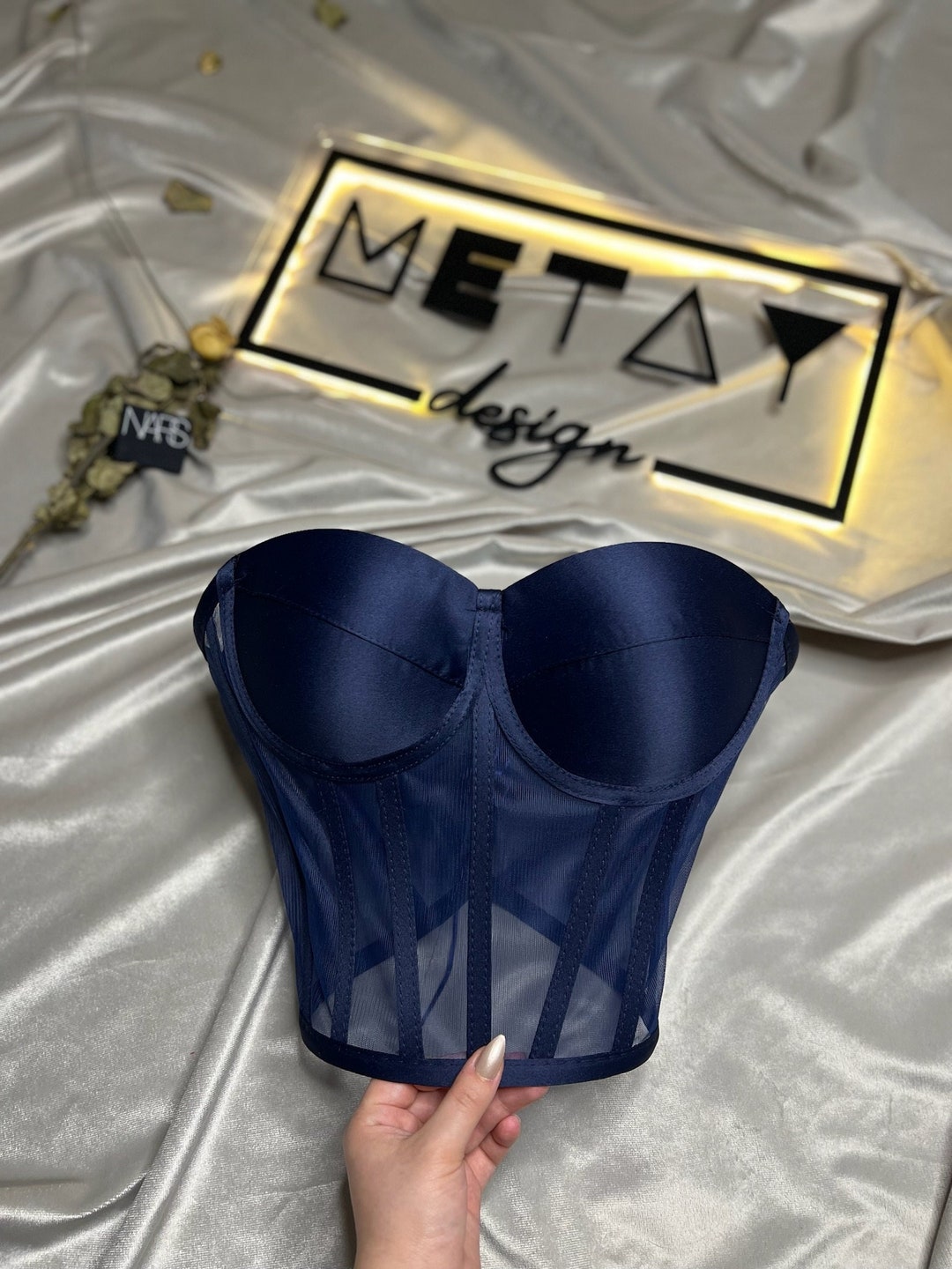 Corset Navy Blue Bustier Transparent Tulle Satin Corset Lacing Corset ...