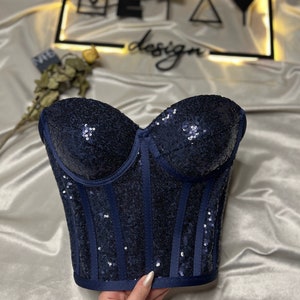 Corset Navy Blue Sequin Corset Sequined Corset Sequined Bustier Black Sequin Corset Top, Party ...