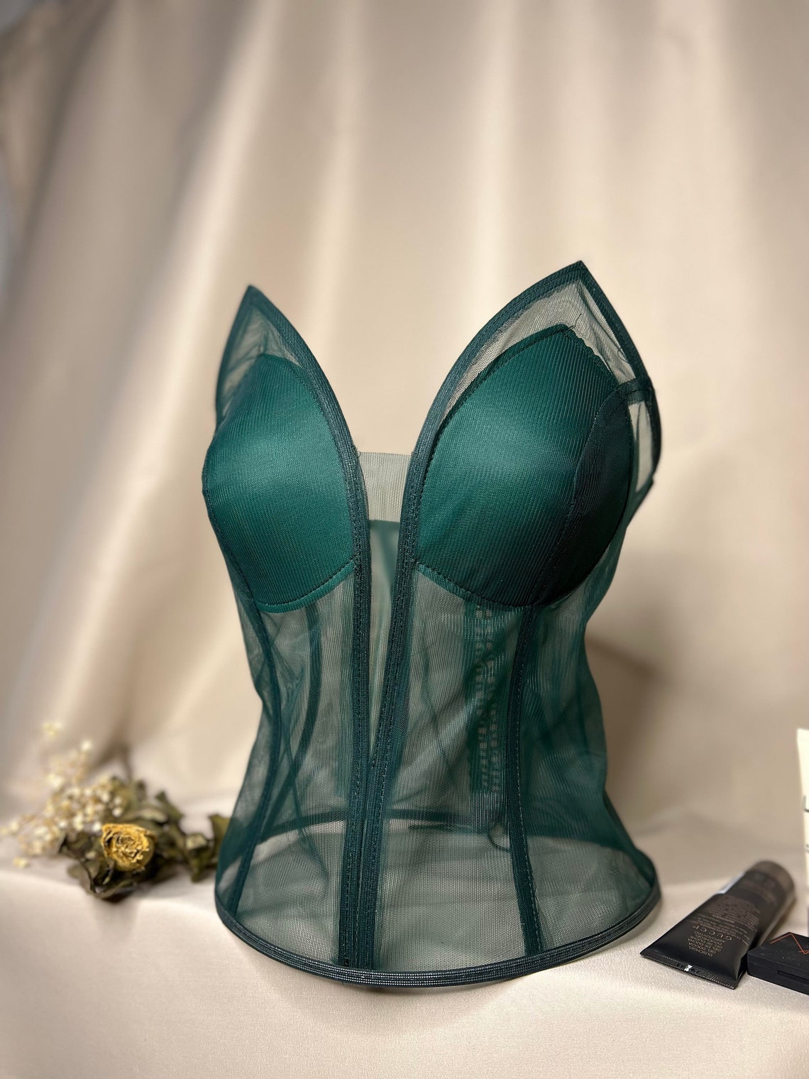 Corset Transparent Cat Ear Corset Emerald Green Satin Corset Top ...