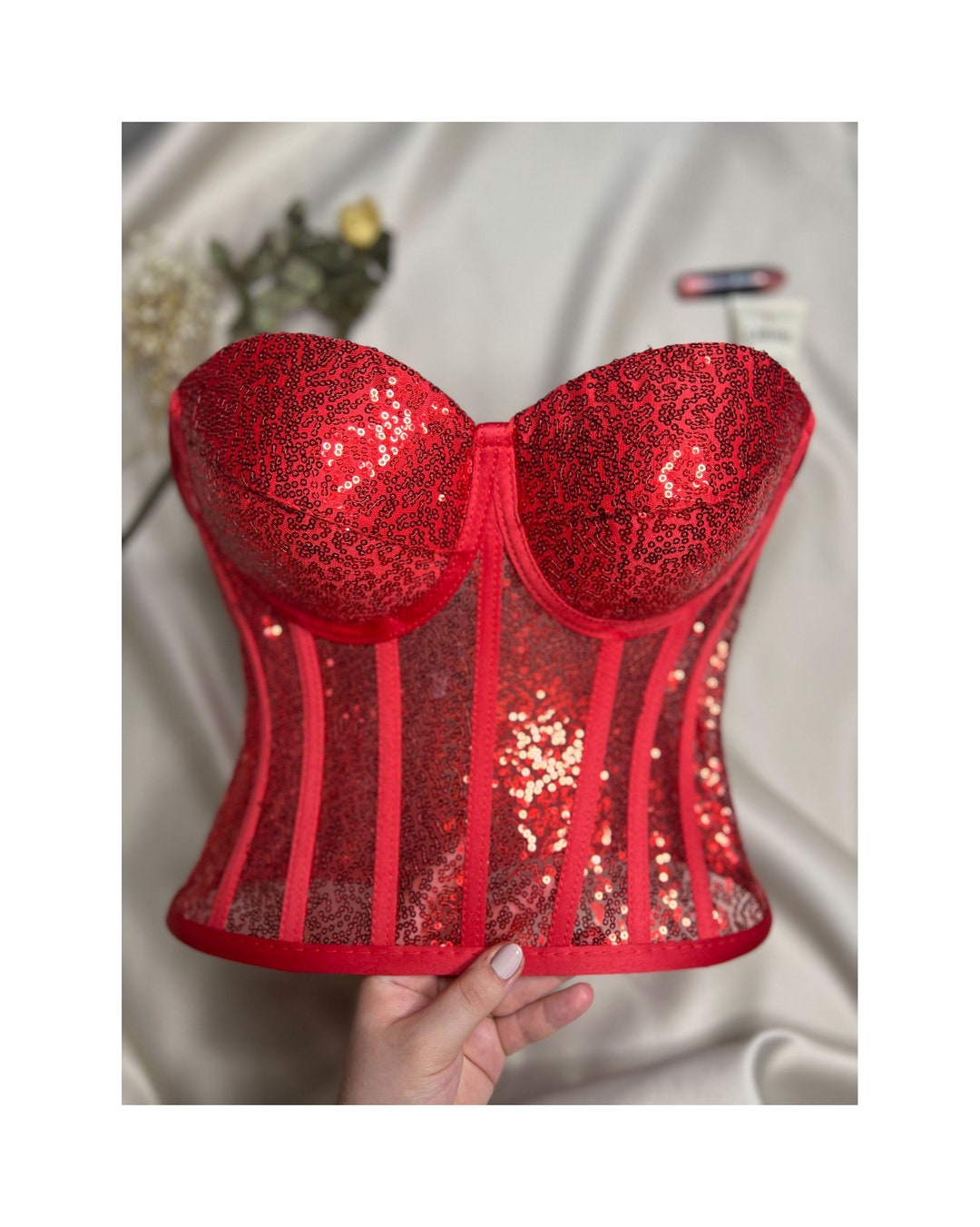 Red Corset, Sequined Corset, Sequined Bustier, Red Sequin Corset Top ...