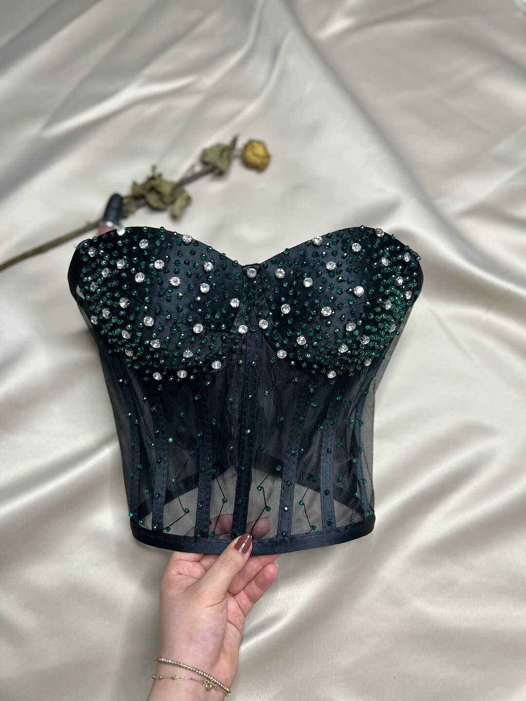 Crystal Embellished Corset Bustier: Handmade Black Corset, Back Tie - Etsy