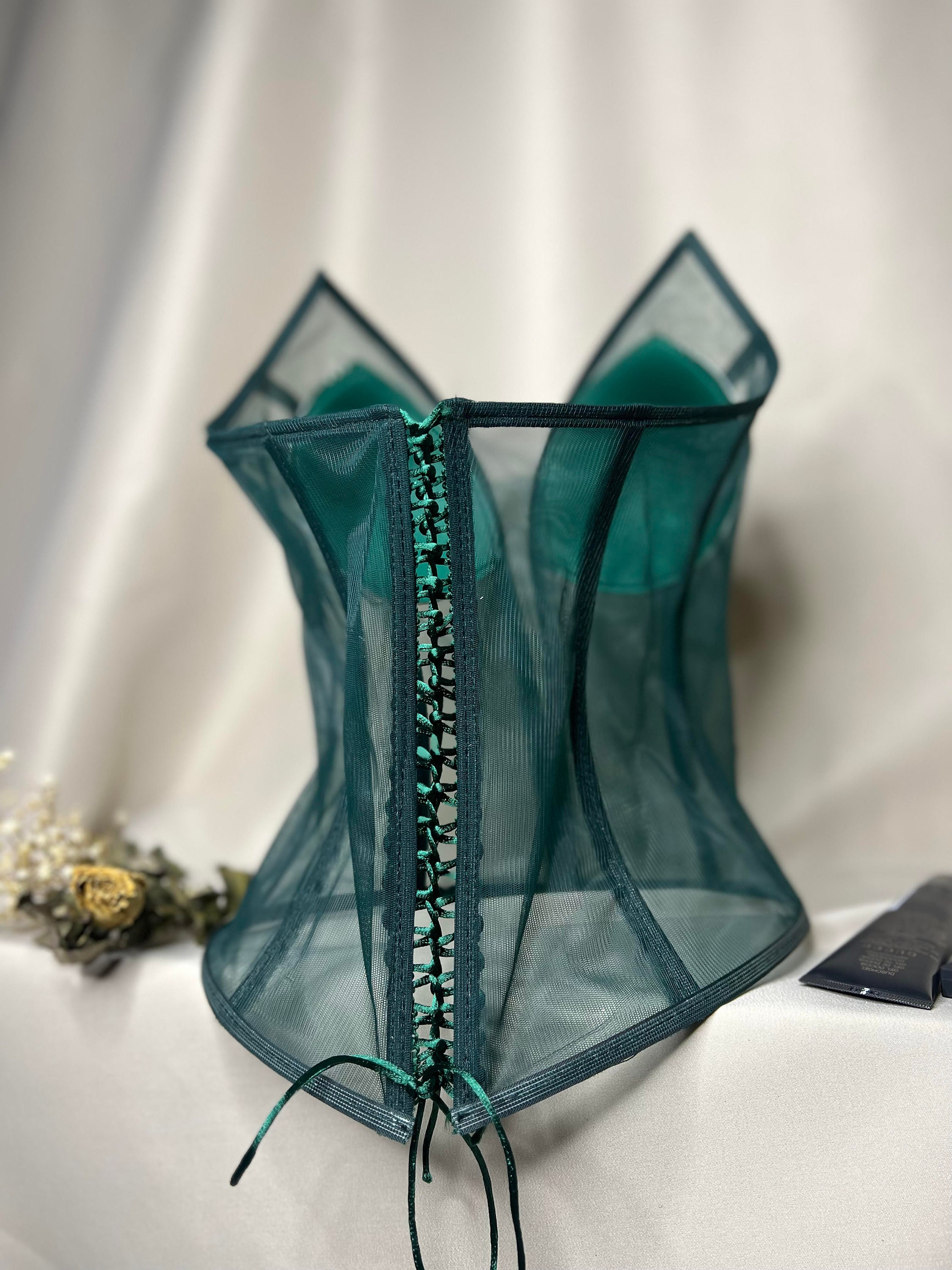 Corset Transparent Cat Ear Corset Emerald Green Satin Corset Top ...