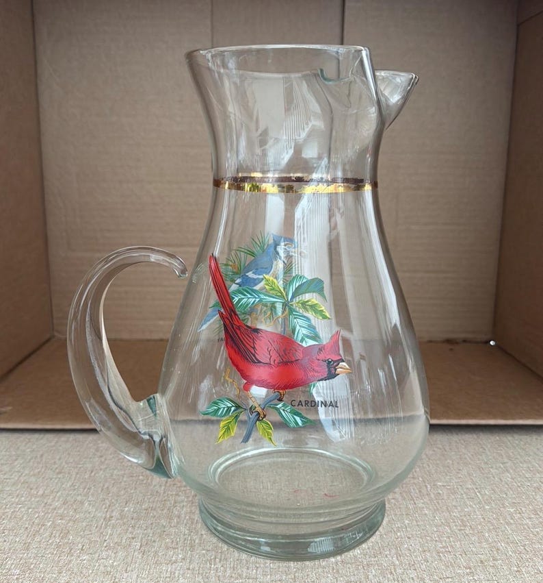 Vintage West Virginia Glass Co Song Birds Pitcher & Six Drinking ...