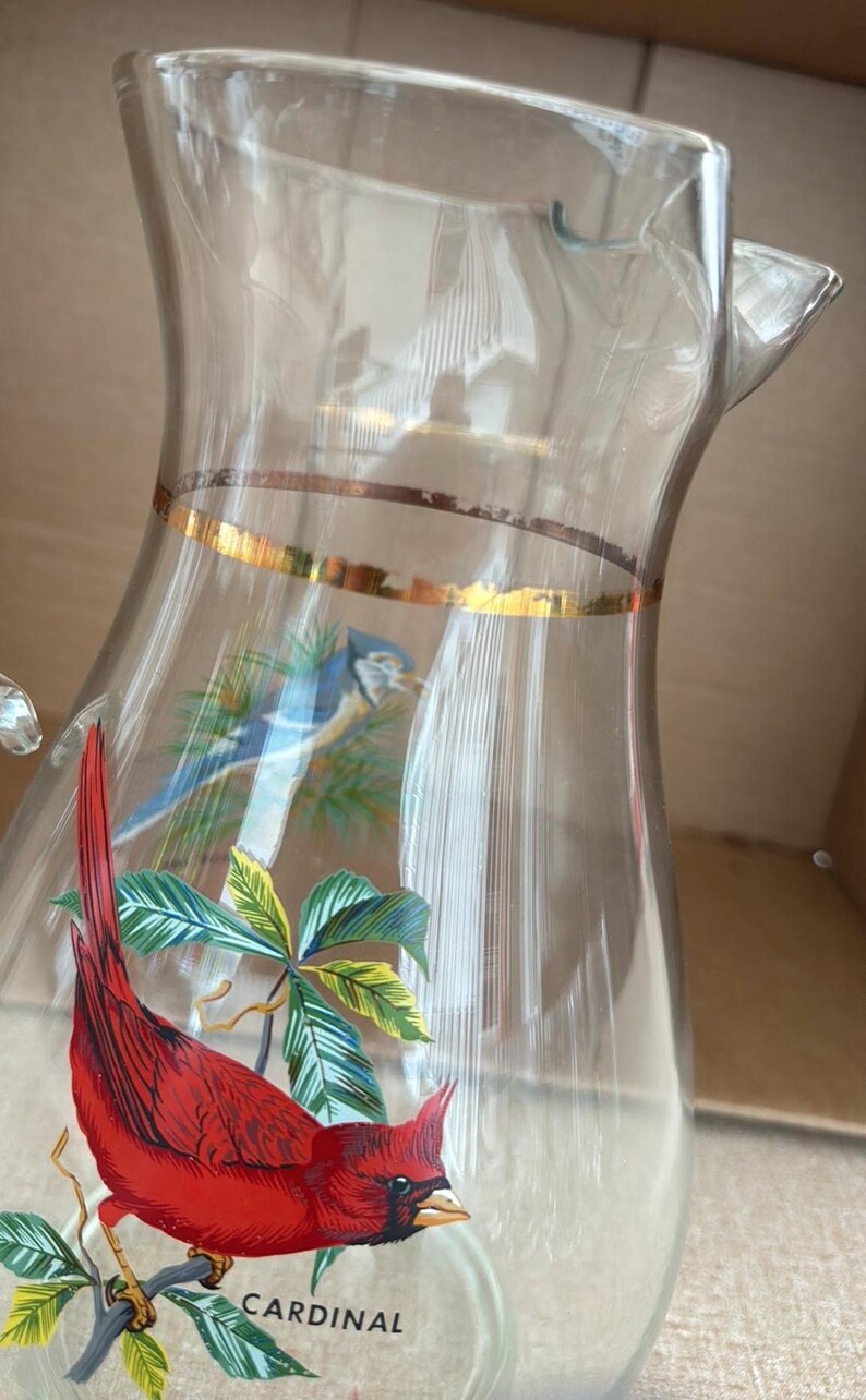 Vintage West Virginia Glass Co Song Birds Pitcher & Six Drinking ...