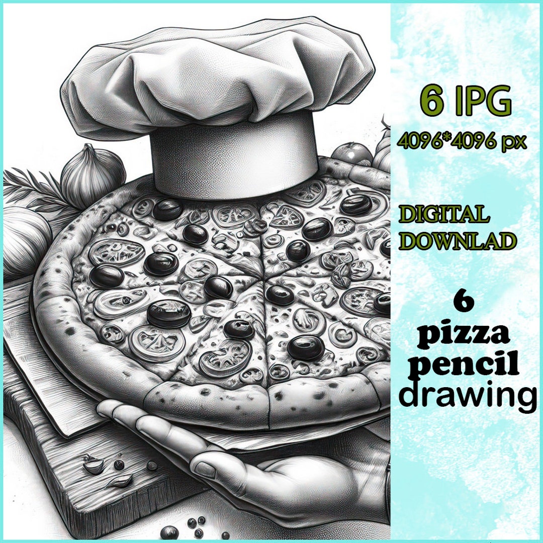 6 Pizzas, Pencil Drawing. 6 JPG Digital Print, High Quality, Wall Art ...