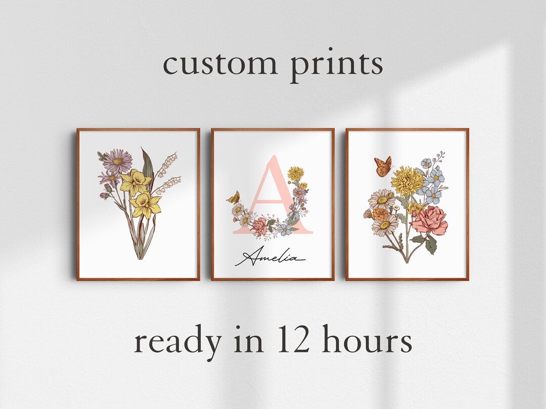 Custom Vintage Wildflowers Nursery Name Sign Set of 3 Prints, Newborn ...