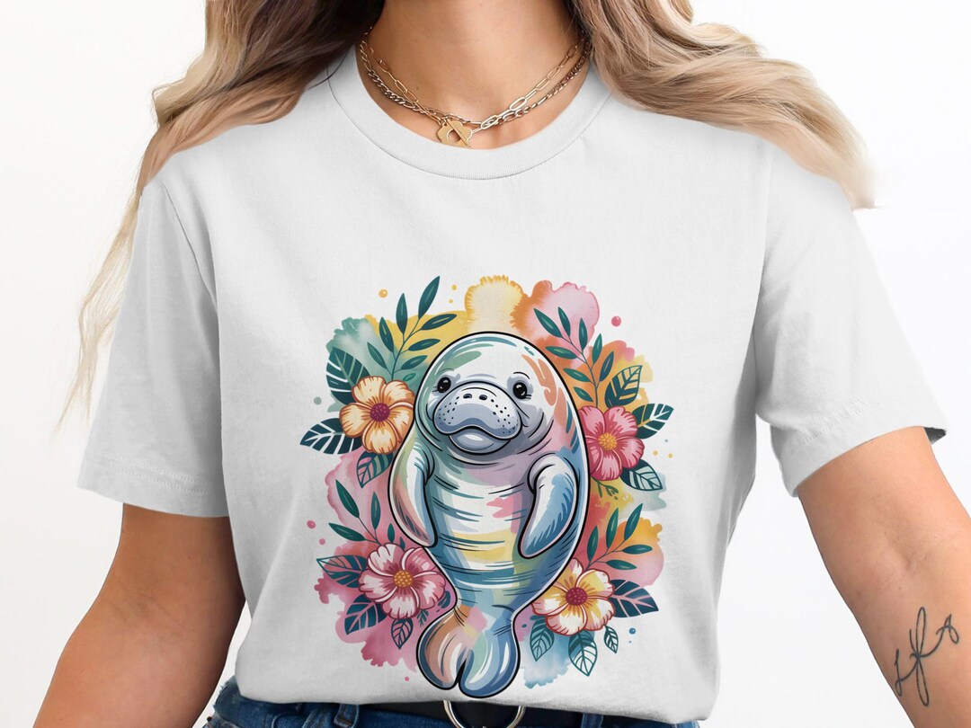 Cute Manatee Watercolor PNG, Floral Sea Cow Digital Art, Adorable ...
