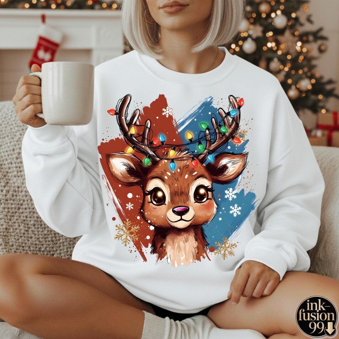 Cute Christmas Reindeer PNG, Kawaii Deer Lights Clipart, Cartoon ...