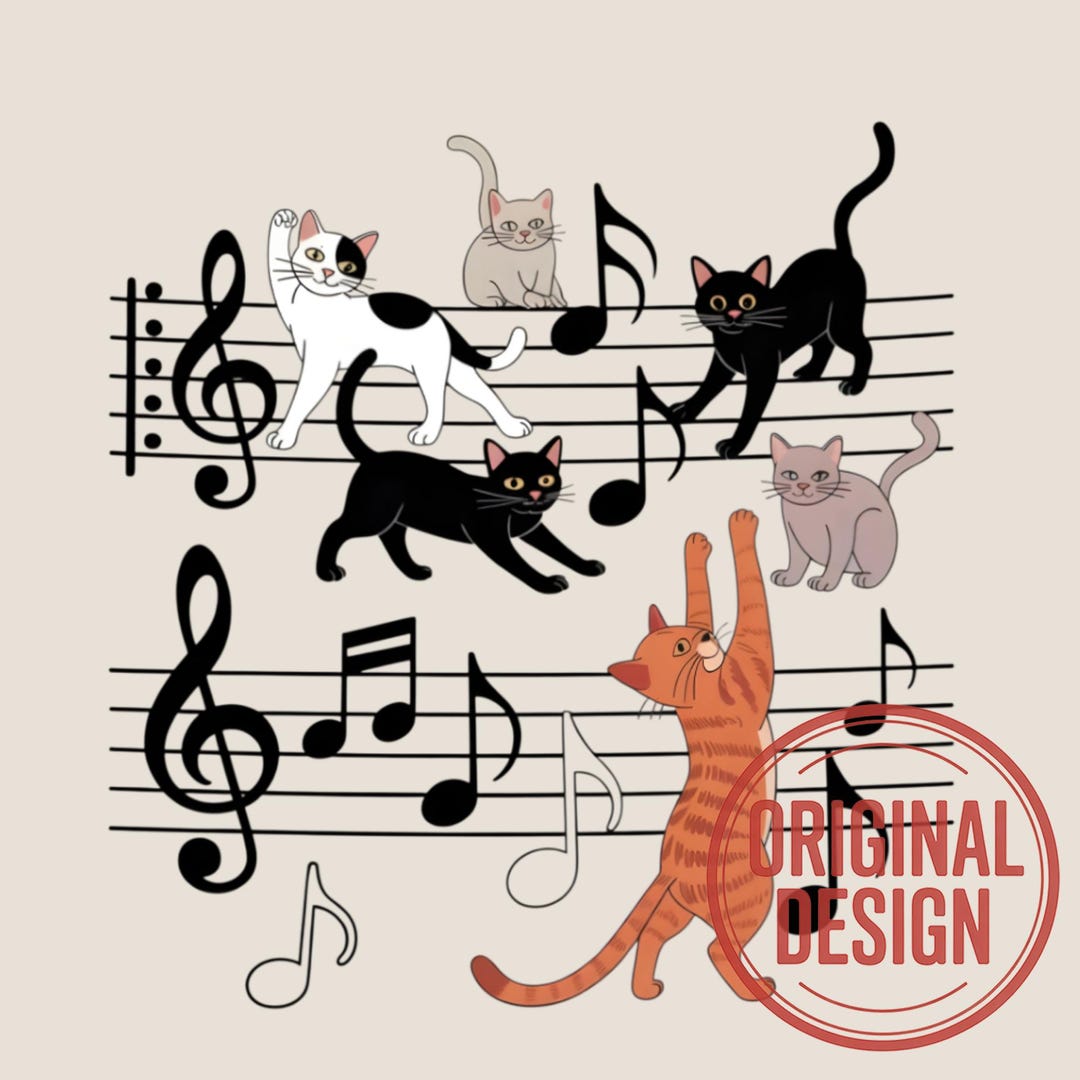 Dancing Cats Music Notes Art Print, Cat Lover Gift, Whimsical Wall ...