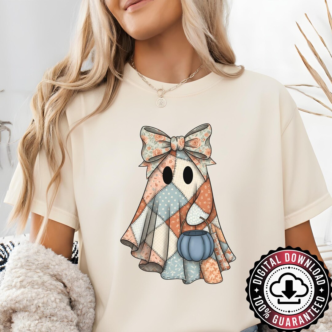 Retro Denim Halloween Ghost PNG: Patchwork Spooky Design (digital ...
